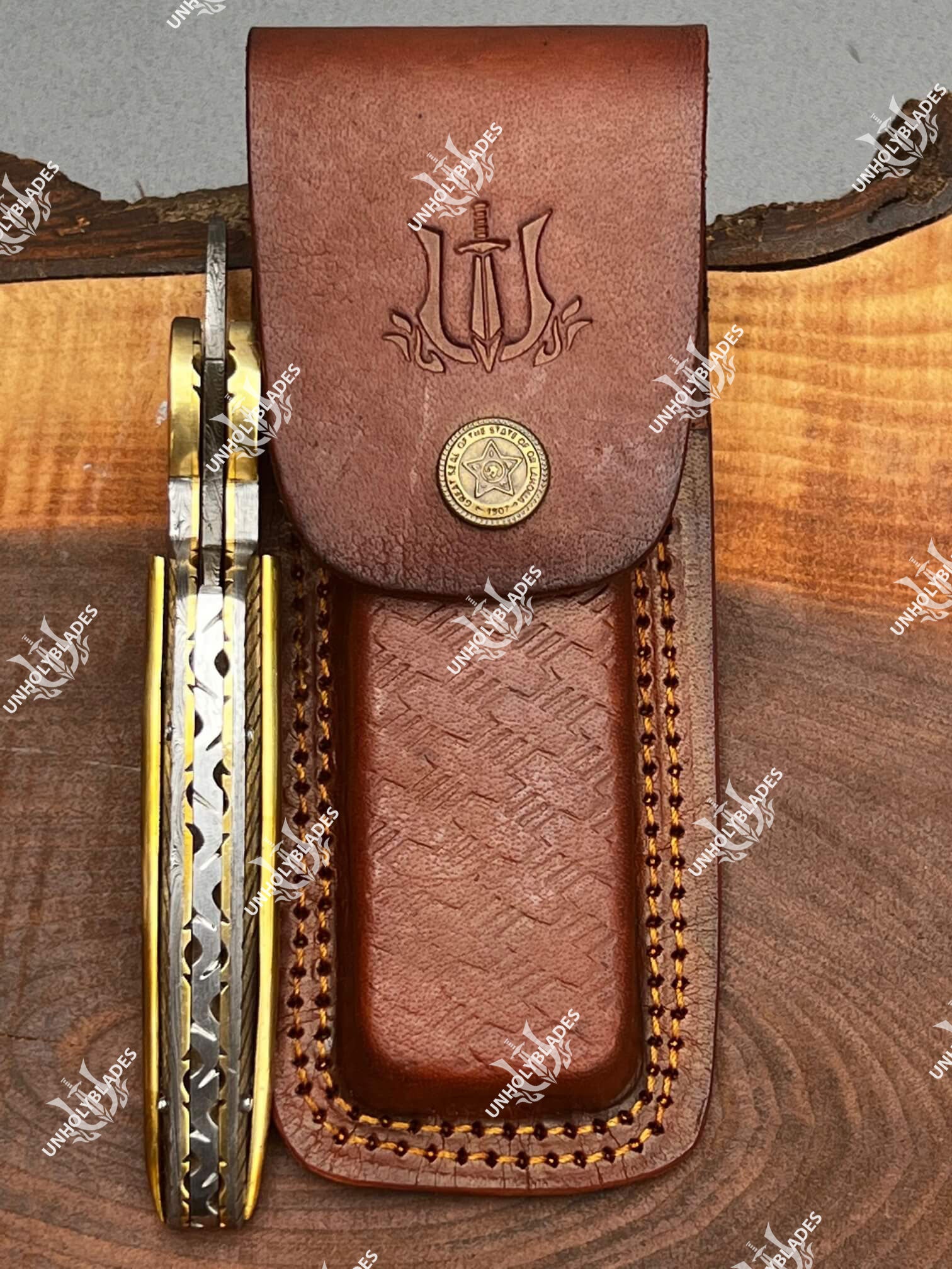 Damascus Folding Knife with Damascus & Brass File work