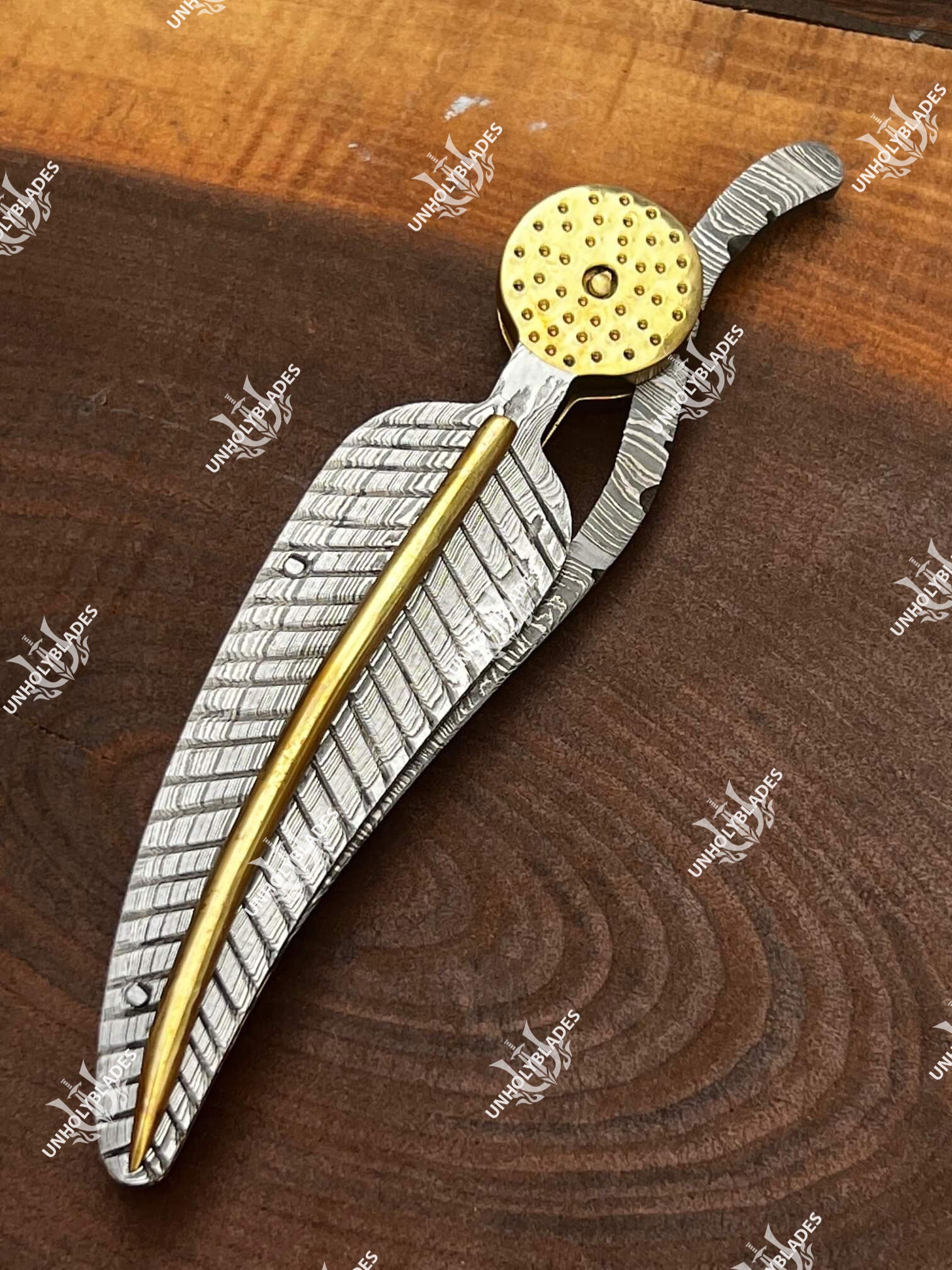 Damascus Folding Knife with Damascus & Brass File work
