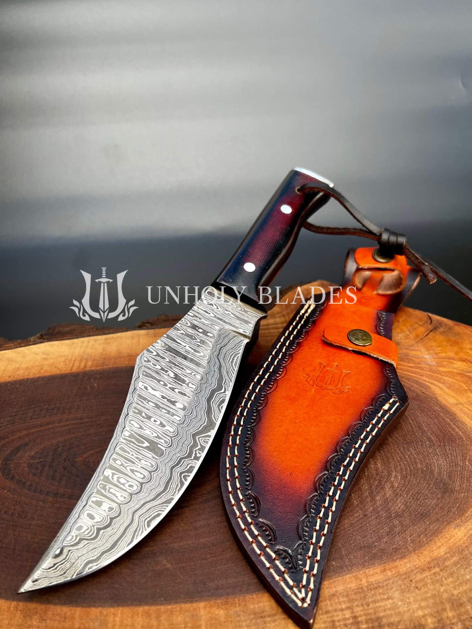 7 Inch Handmade Damascus Bowie Knife With genuine Cowhide Leather