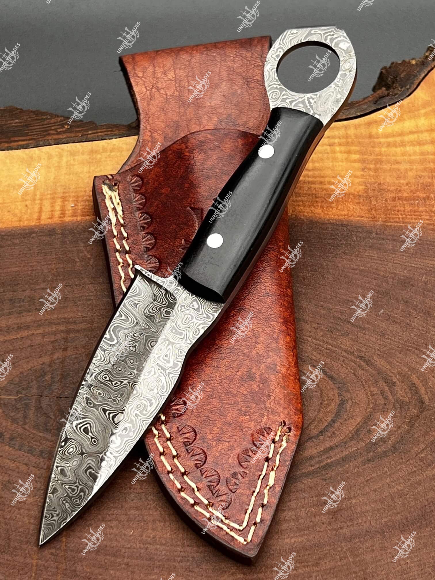 Handmade Damascus Steel Raindrop Pattern Skinning Knife